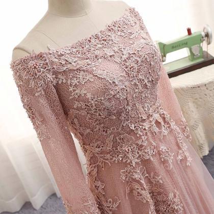 Pink Lace Prom Dress,In Stock Strapless Lace Full Sleeve Pink Evening ...