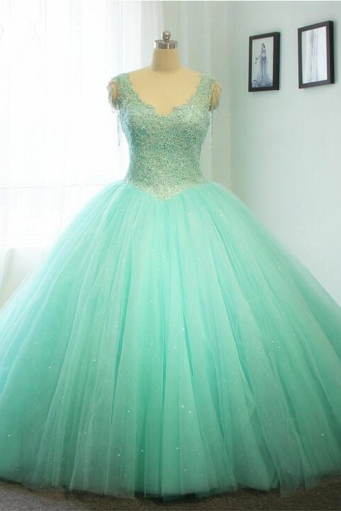 Mint Organza Prom Dress,lace Roundneck A-line Prom Dresses, Long Formal ...