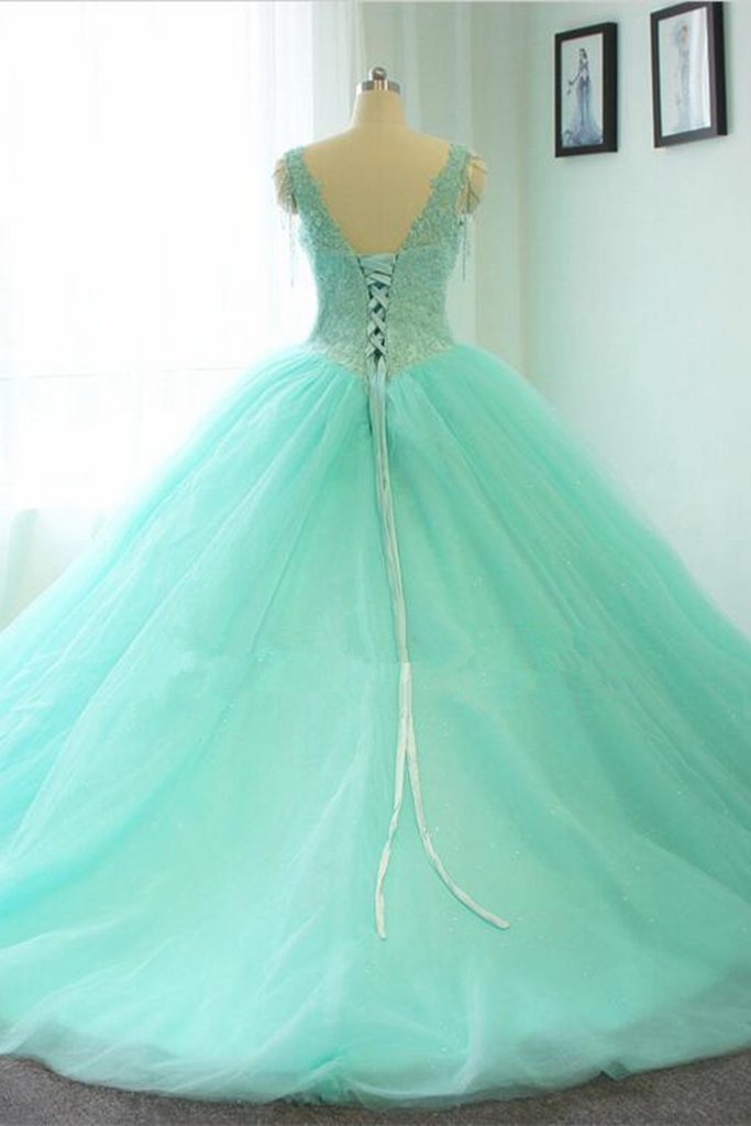 Mint Organza Prom Dress,lace Roundneck A-line Prom Dresses, Long Formal ...